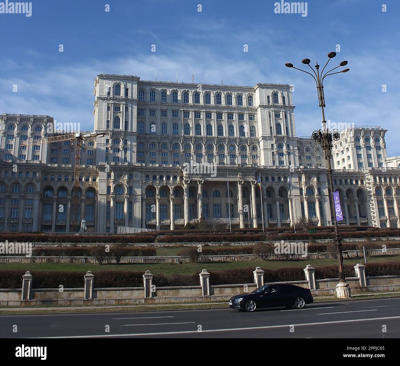 Bucharest, Romania - December 31, 2022: Frontal view of the Parlament ...