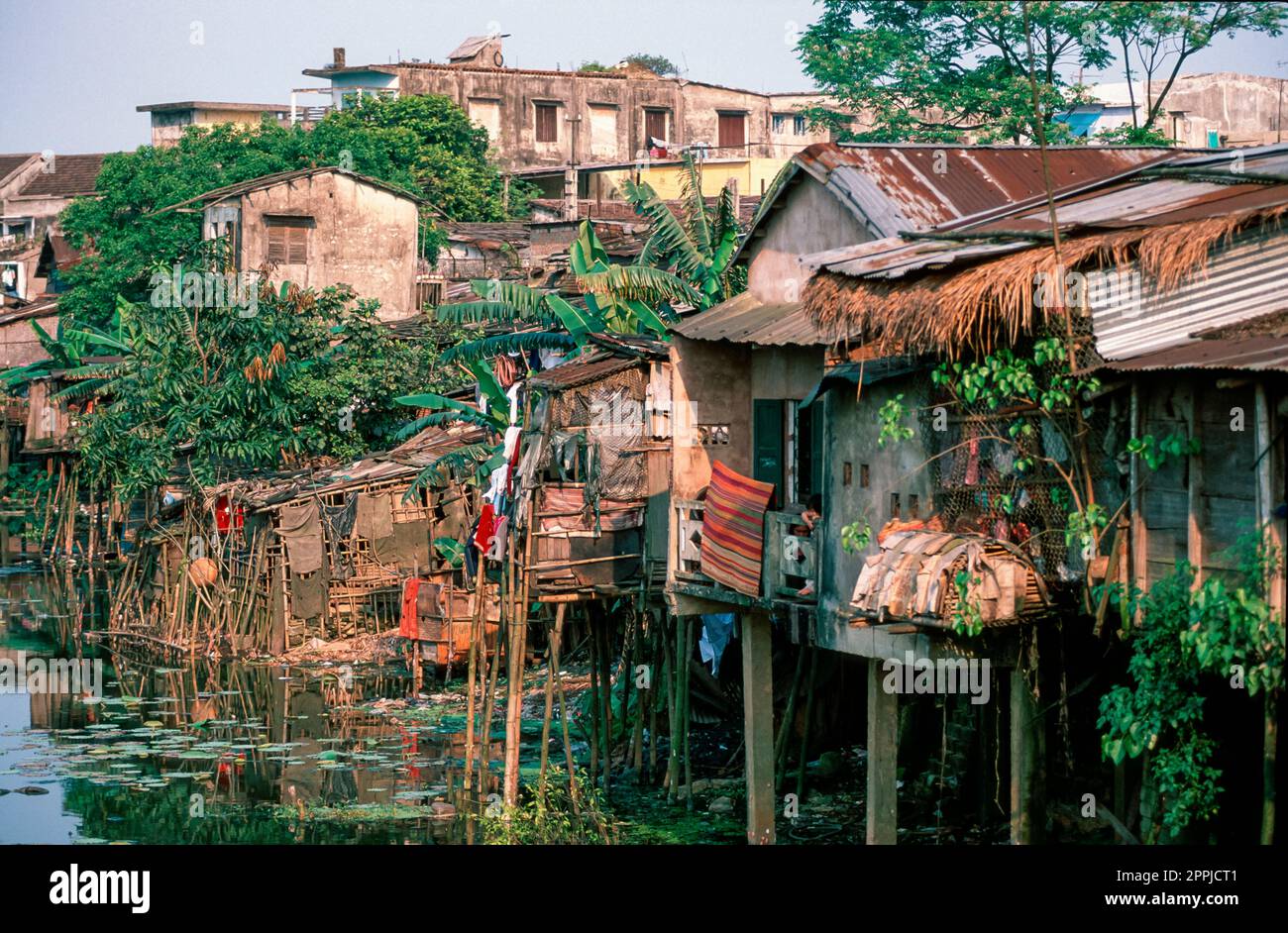 Scanned slide of historical color photograph of slum in the Old Quarter ...
