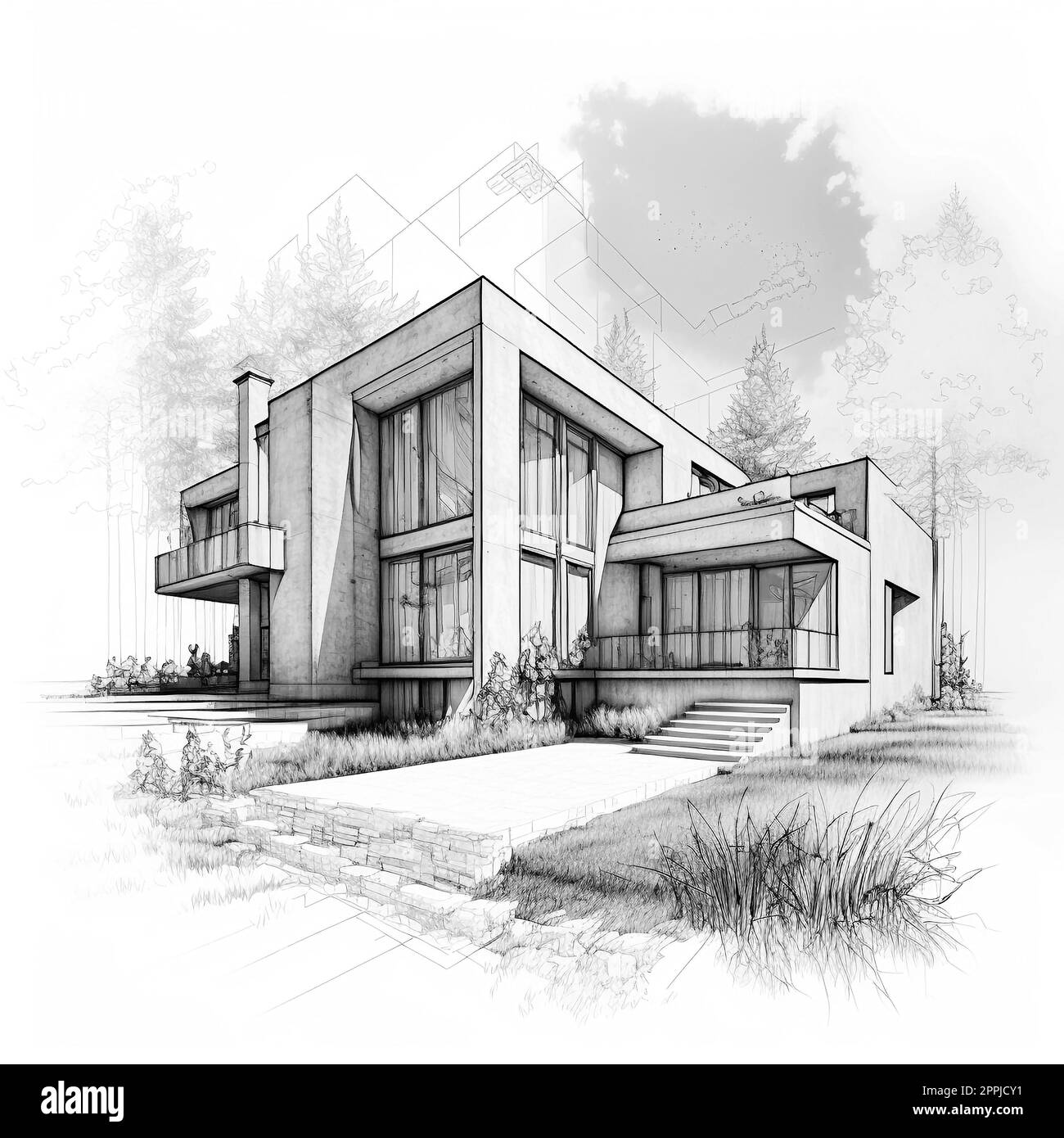Architectural sketch of a new double storey modern house. Painting of a ...