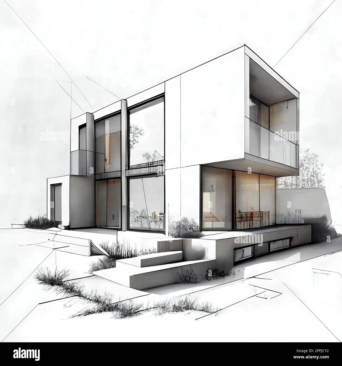 Architectural sketch of a new double storey modern house. Painting of a ... Architectural sketch of a new double storey modern house. Painting of a ...