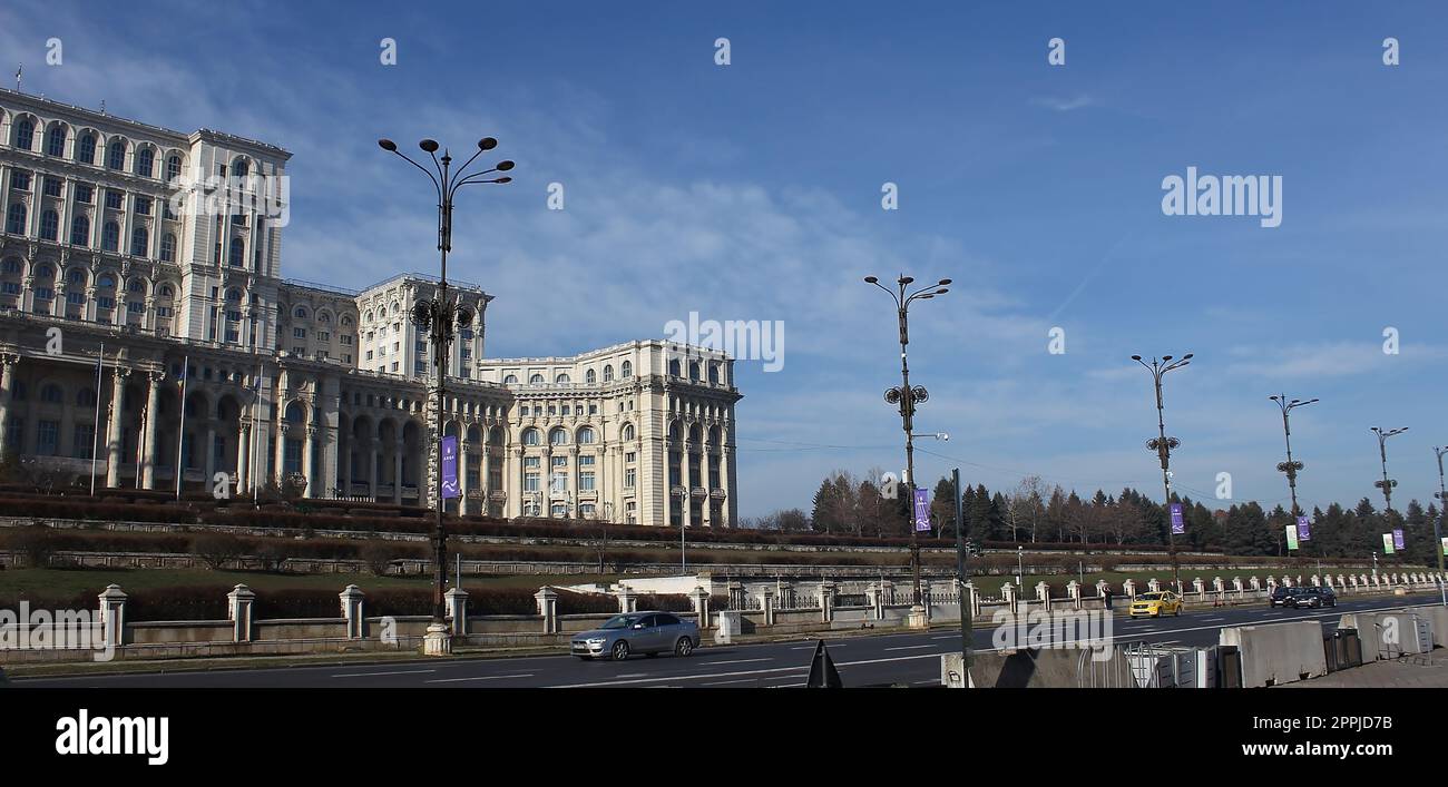 Bucharest, Romania - December 31, 2022: Frontal view of the Parlament ...