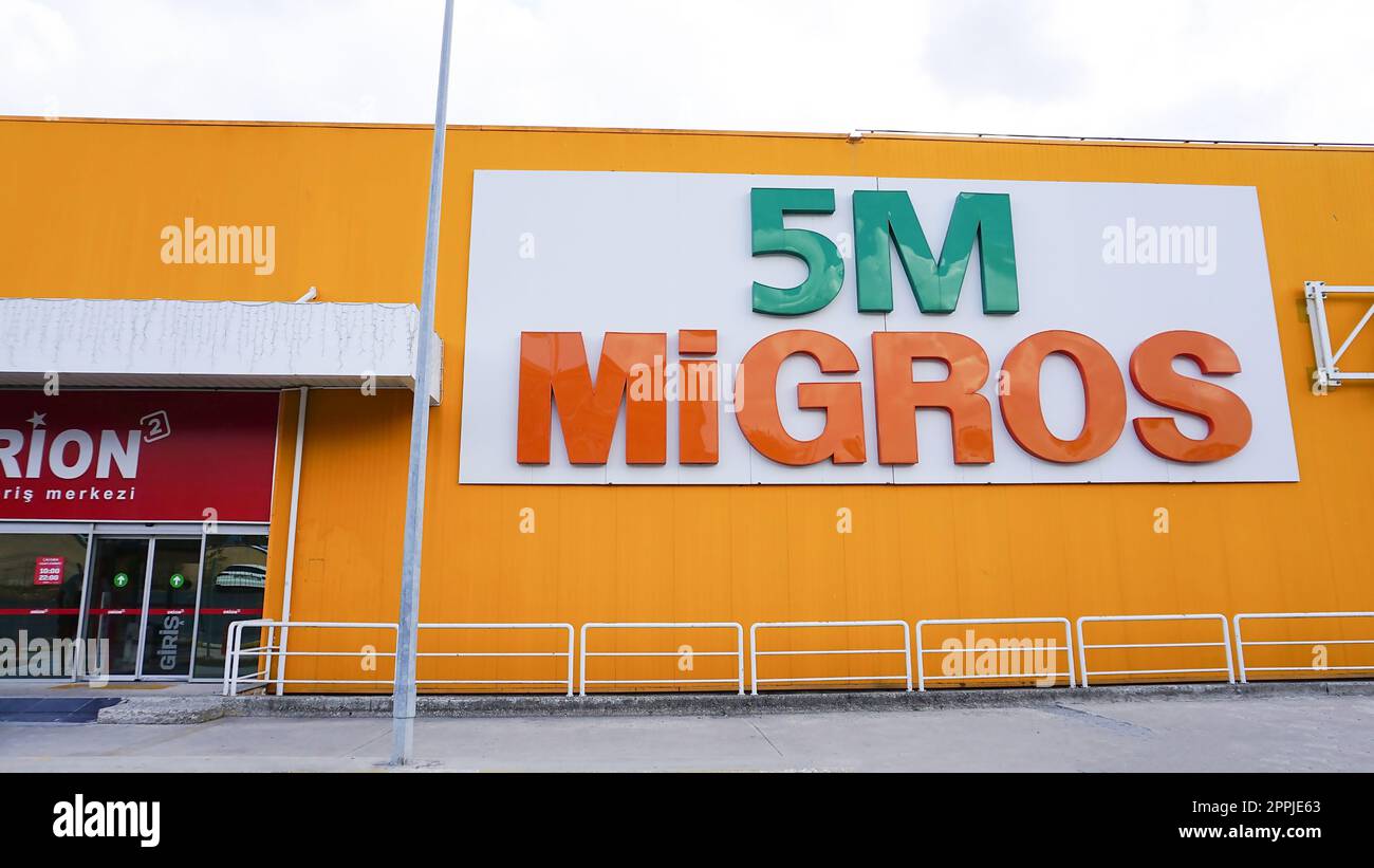 Chorlu, Turkey - September 23, 2022: Migros supermarket logo hanging on ...