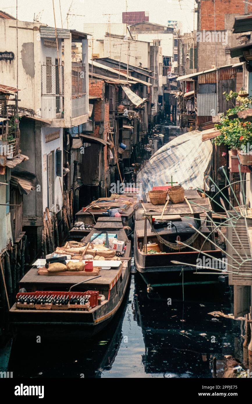 Scanned slide of historical color photograph of slum in the Old Quarter ...