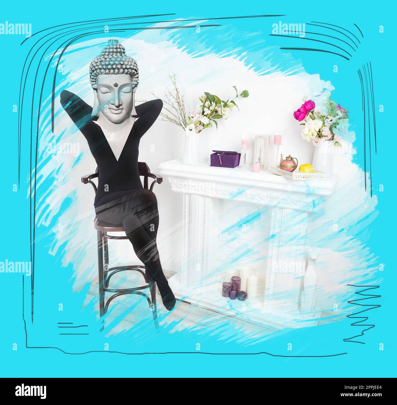 Harmony. Woman with statue head or head of the Buddha sitting and ...