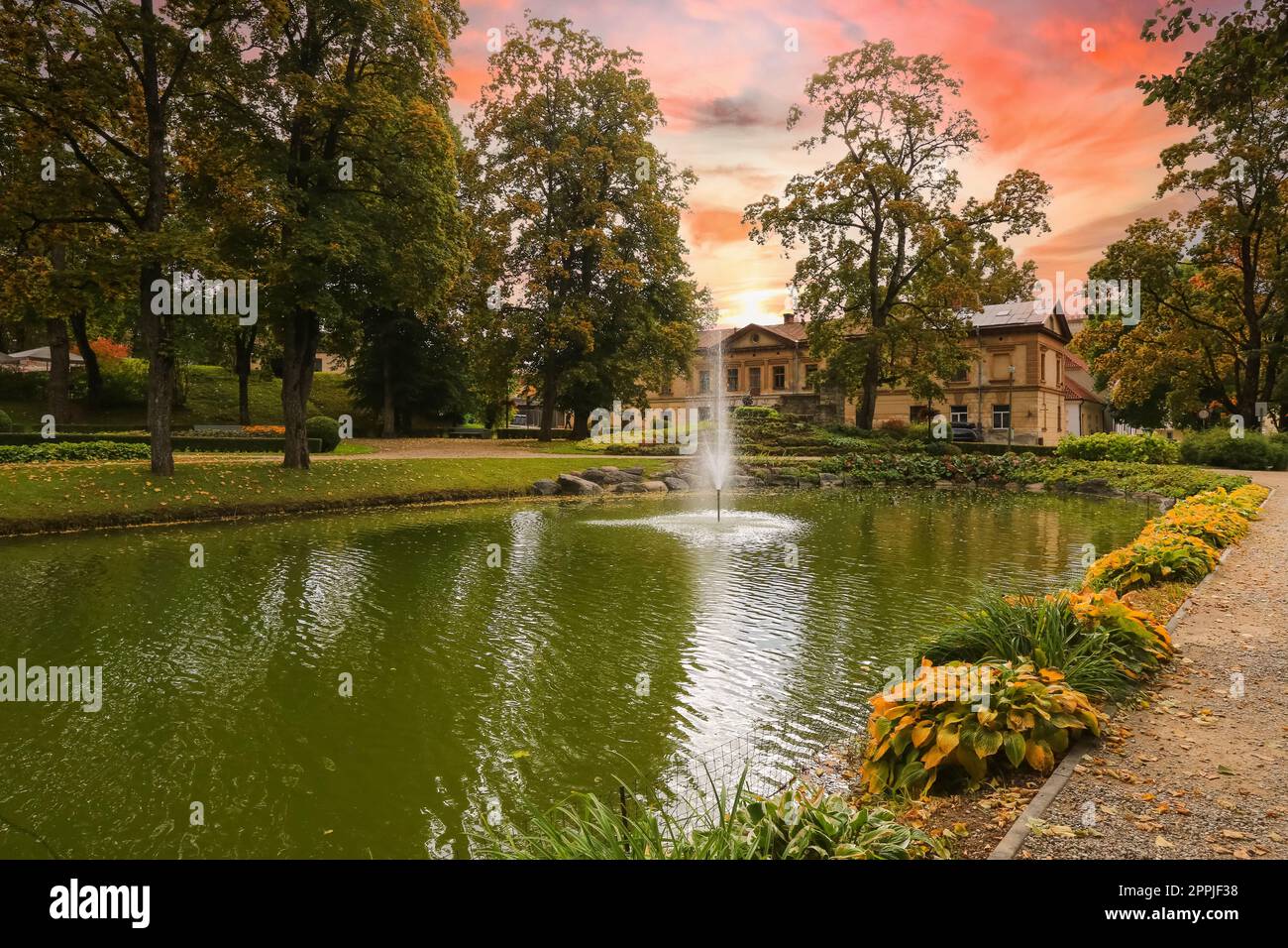 Autumn park in the town Cesis which has 800 years history and one of ...