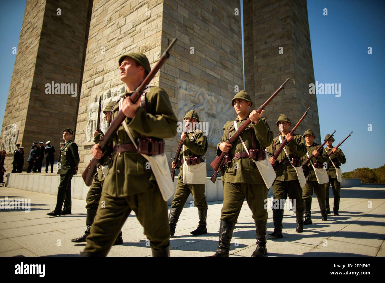Turkish soldiers, dressed in a WWI-era military uniform, march during ...