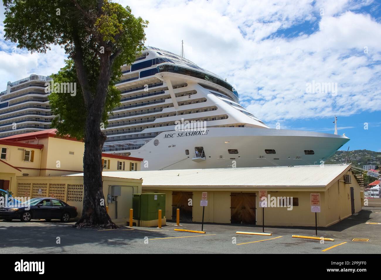 MSC Seashore cruise ship docked at tropical island Ocean Cay, Bahamas ...
