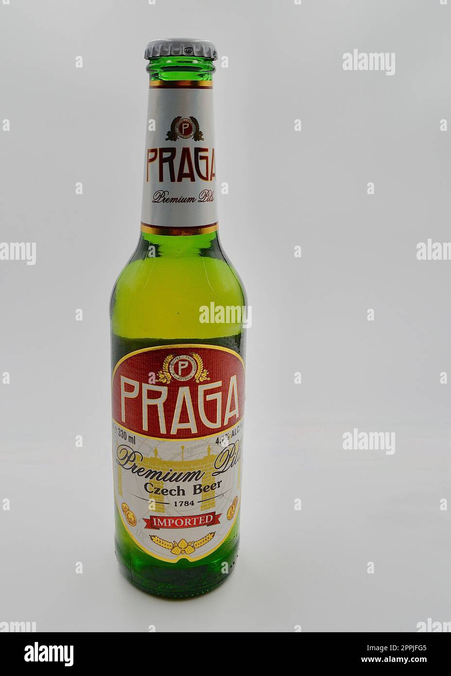 A bottle of Praga premium Czech beer against a white background Stock ...