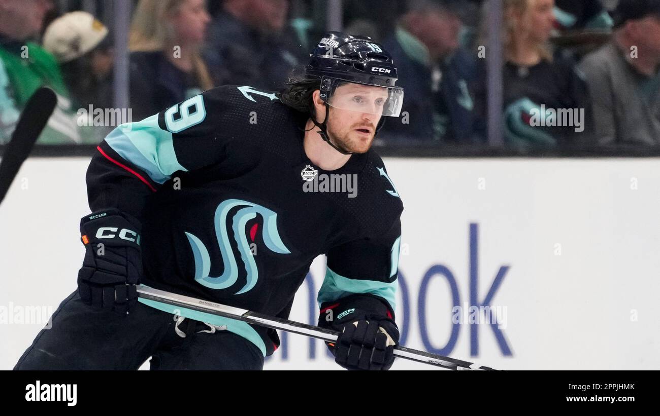 Seattle Kraken left wing Jared McCann (19) plays against the Colorado ...