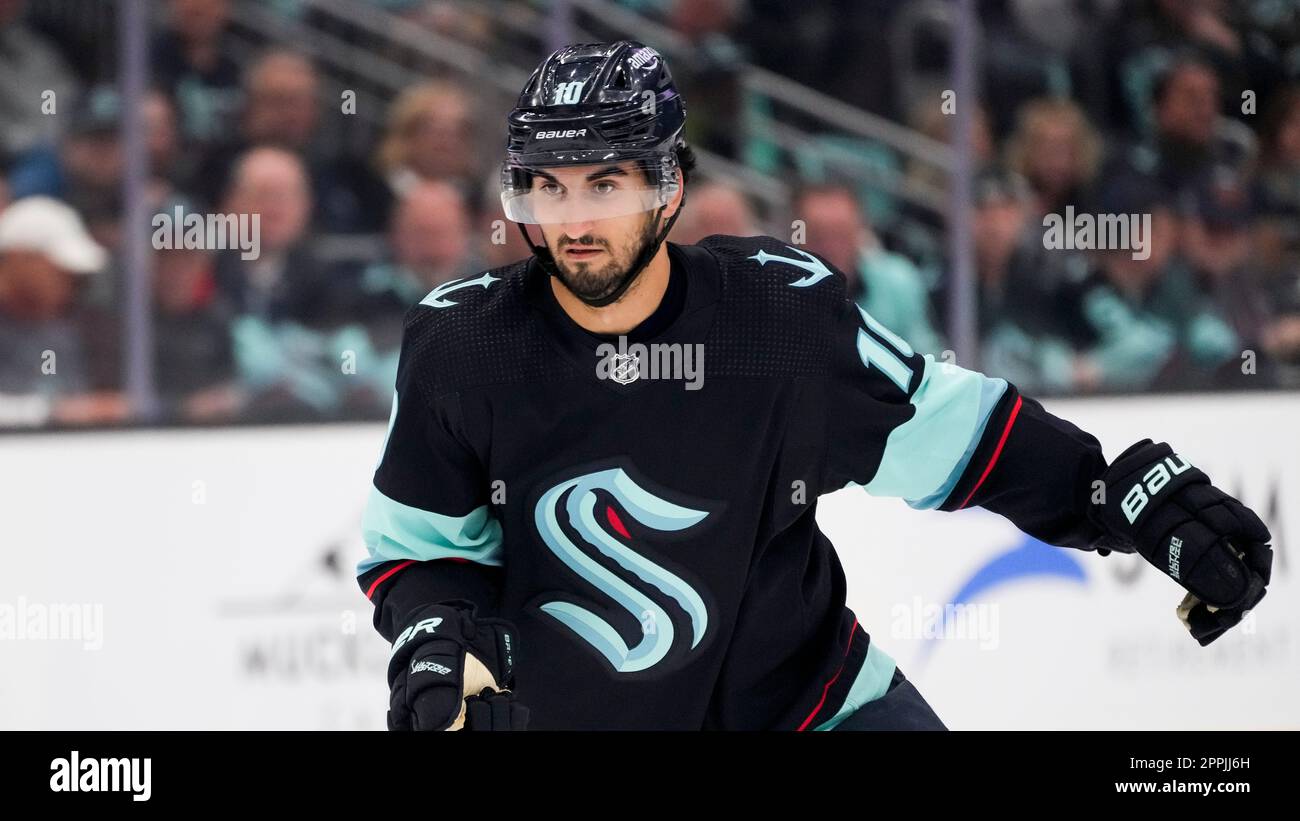 Seattle Kraken center Matty Beniers (10) looks on against the Colorado ...