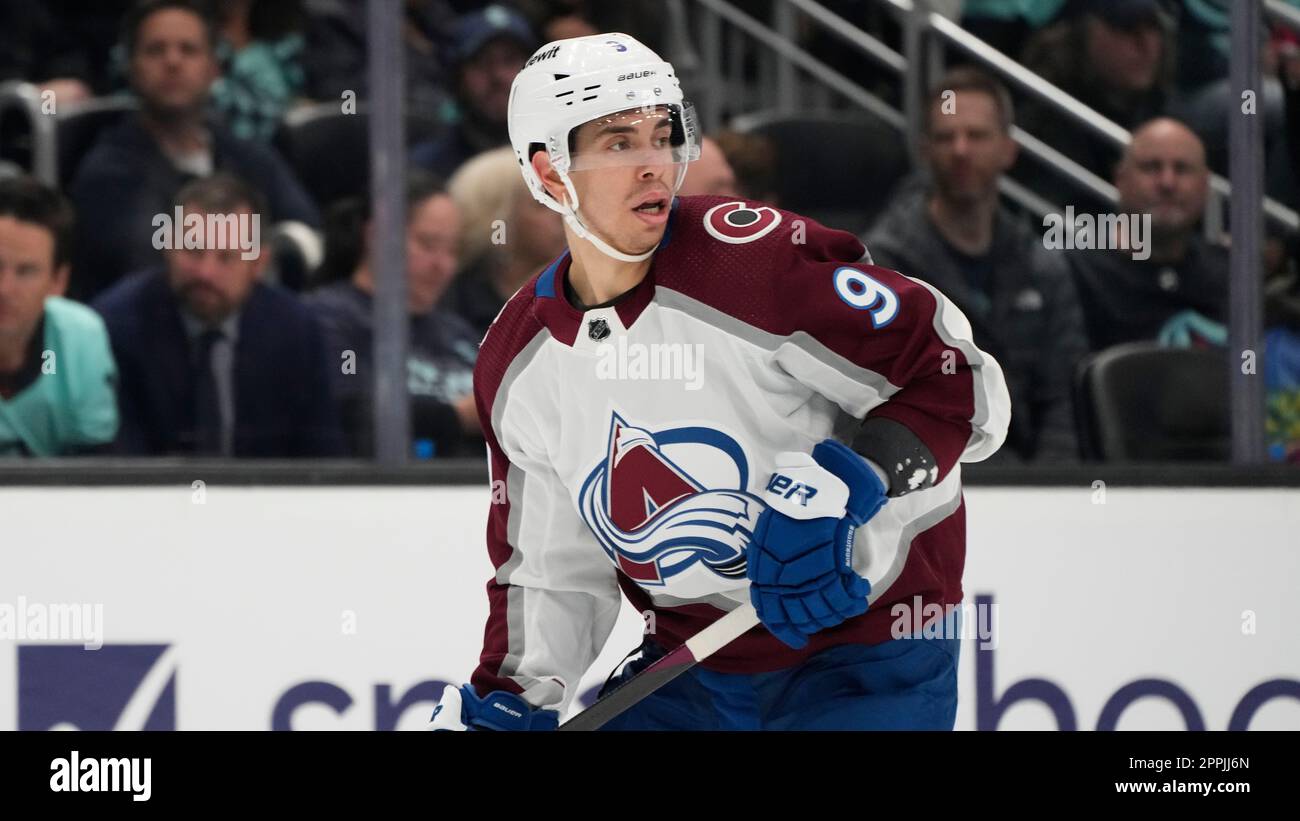 Colorado Avalanche center Evan Rodrigues (9) looks on against the ...