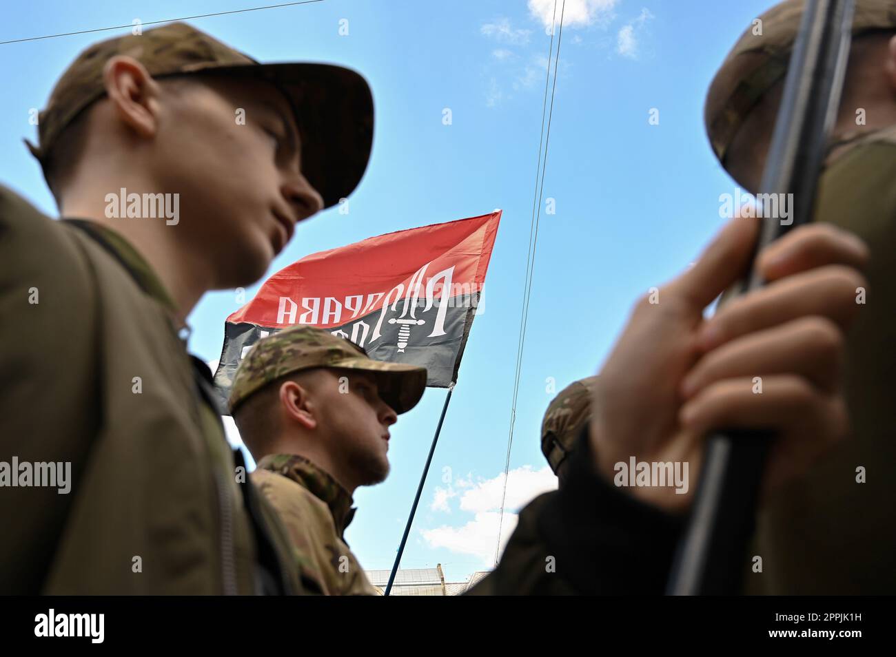 LVIV, UKRAINE - APRIL 21, 2023 - Servicemen attend the inauguration of the fountain in ...