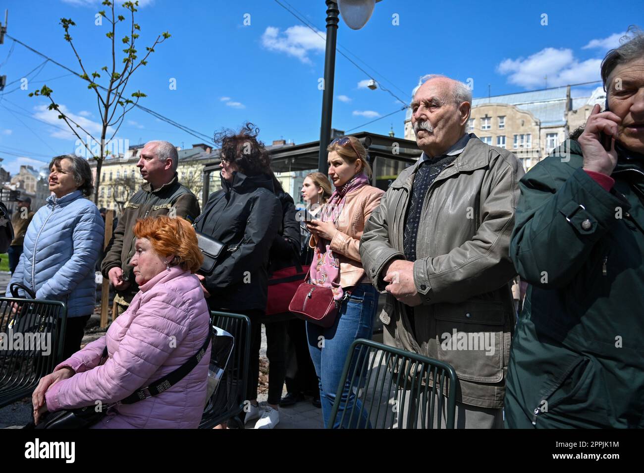 LVIV, UKRAINE - APRIL 21, 2023 - People attend the inauguration of the fountain in remembrance ...