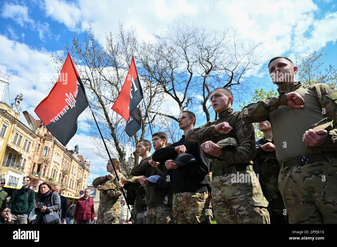 LVIV, UKRAINE - APRIL 21, 2023 - Servicemen attend the inauguration of the fountain in ...