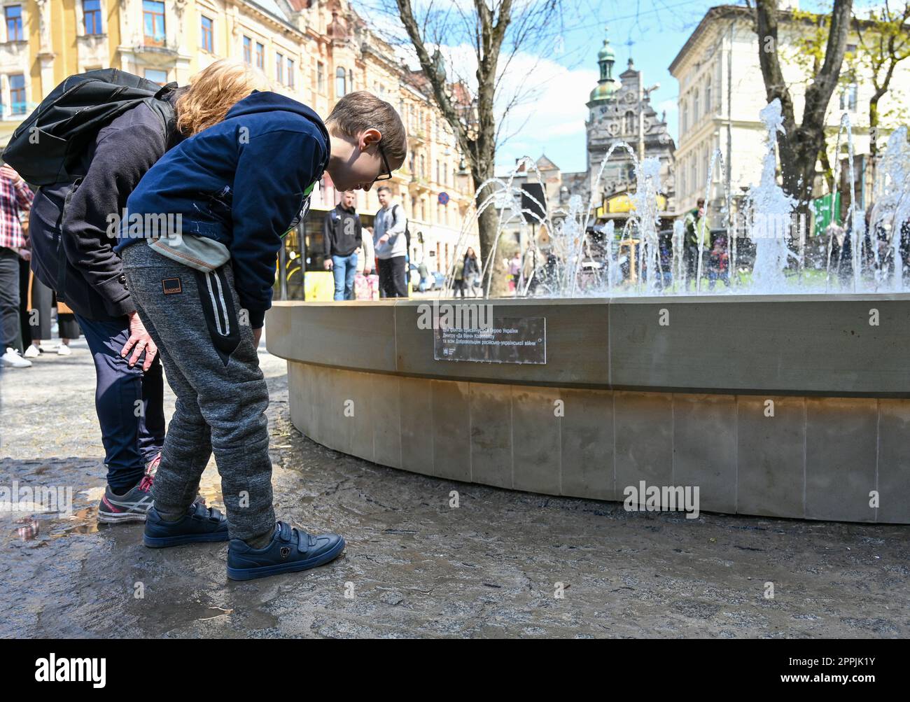LVIV, UKRAINE - APRIL 21, 2023 - People attend the inauguration of the fountain in remembrance ...