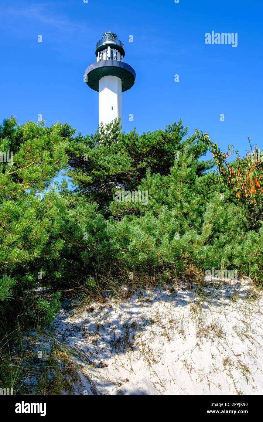 Dueodde Fyr, the tallest lighthouse in Denmark, on Dueodde Beach on the ...