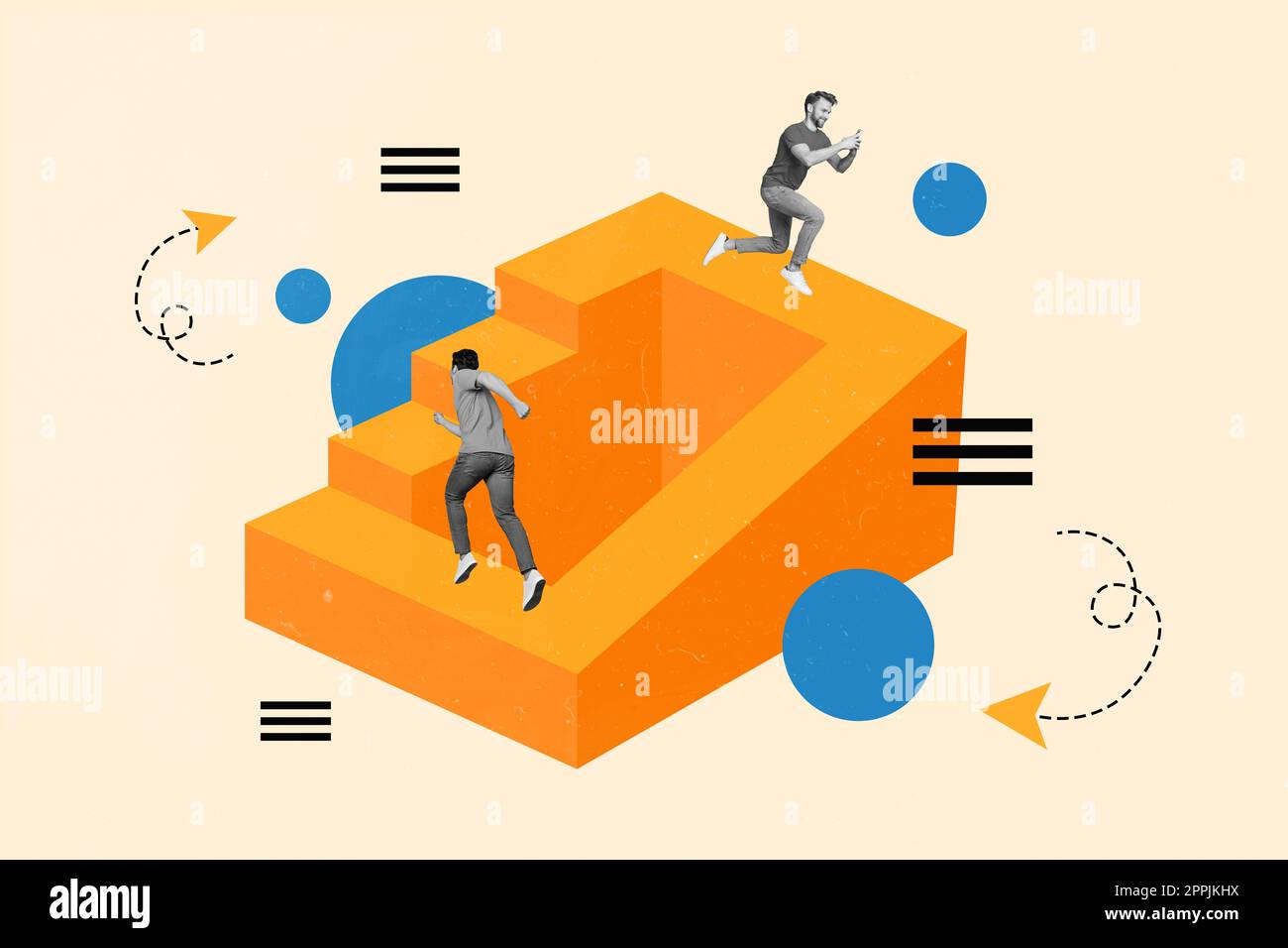 Creative collage picture of two mini black white gamma people run ...