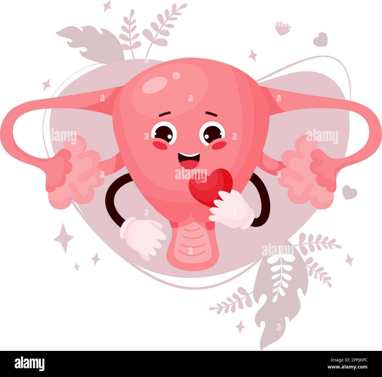 Cute female cartoon uterus. Happy character with heart in his hands ...