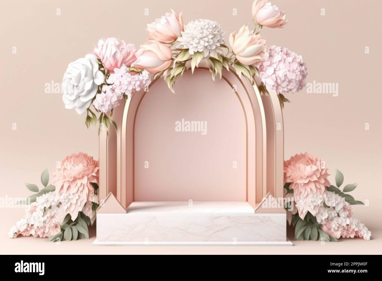 Abstract empty stage podium, arch decorated with flowers. Minimalism ...