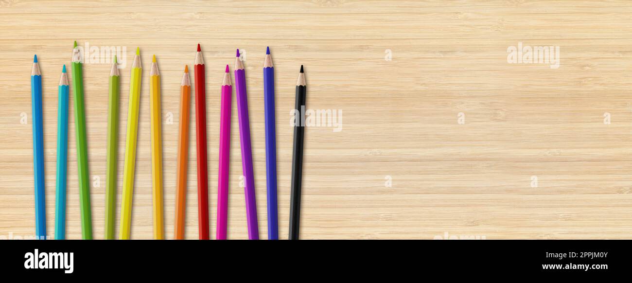 Colored pencil set isolated on wooden background. Panoramic banner ...