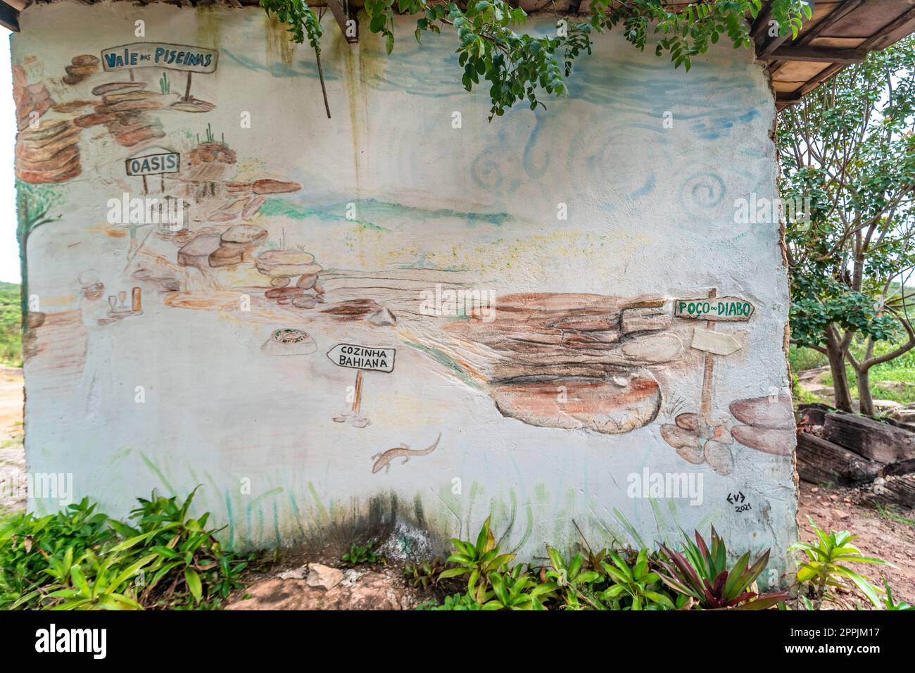 wall with a drawn map of the nature reserve Stock Photo - Alamy