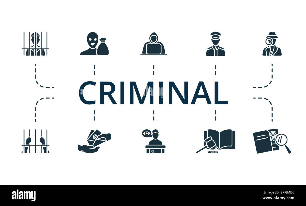 Criminal outline set. Creative icons: prisoner, thief, hacker, police officer, detective, jail ...