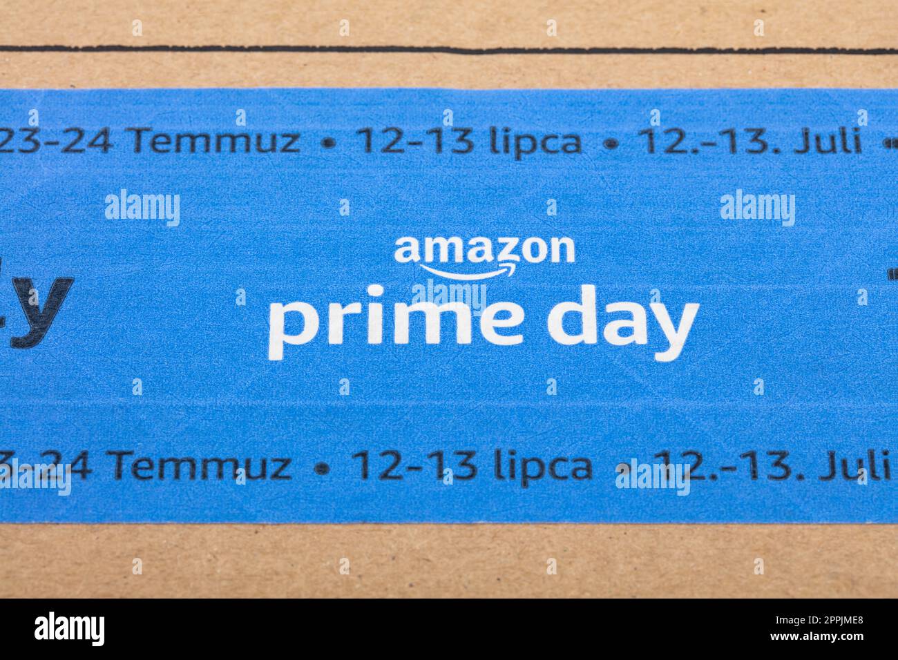 Blue Amazon Prime logotype on cardboard box Stock Photo - Alamy
