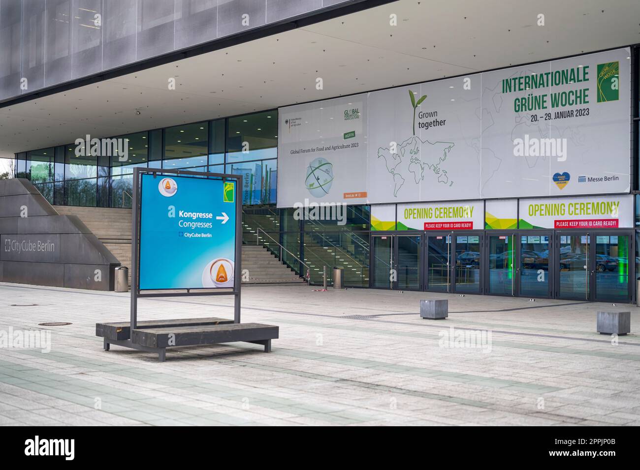 Main entrance to the CityCube Berlin, an exhibition hall of Messe ...
