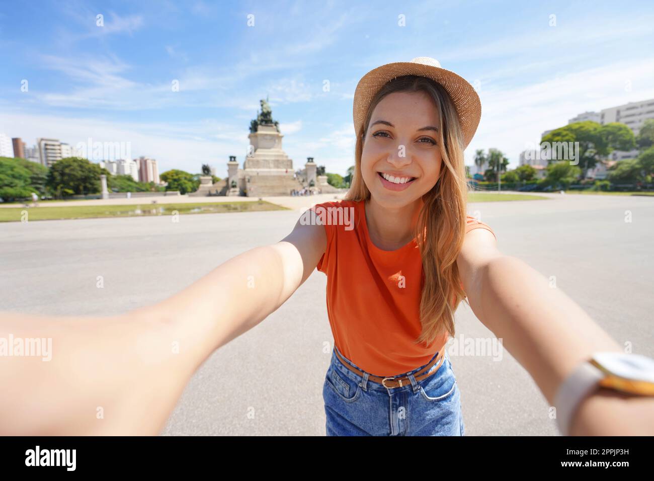 Tourism in Sao Paulo, Brazil. Beautiful smiling tourist girl visiting ...