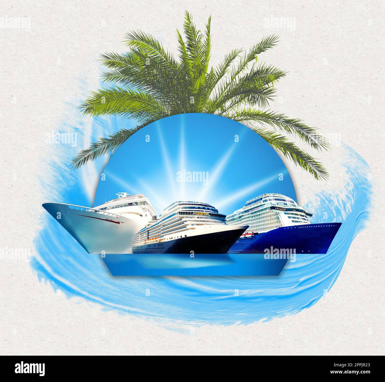 Abstract cruise ships or big liners in open water with tropic palm ...