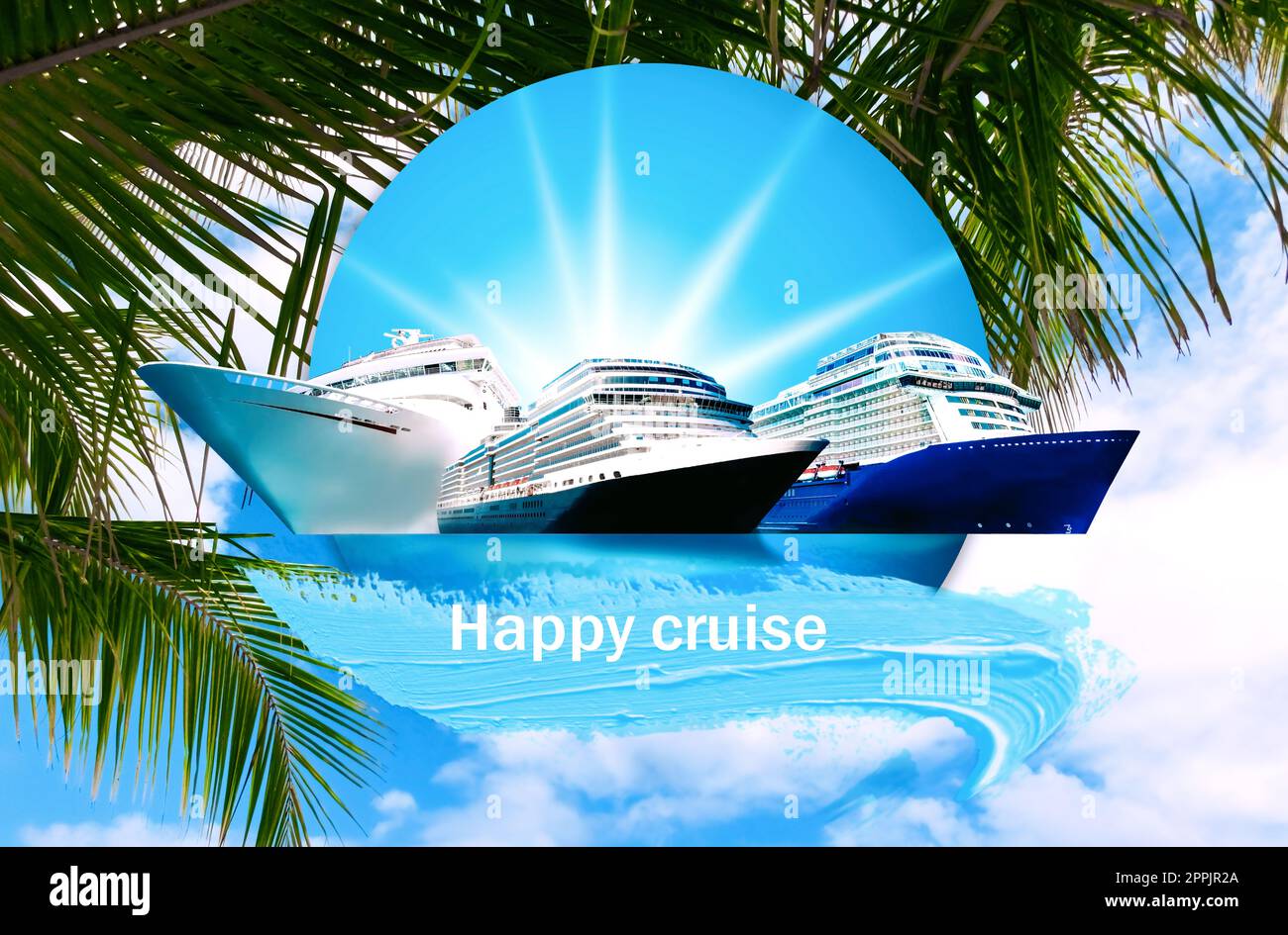 Abstract cruise ships or big liners in open water with tropic palm background . Collage about ...