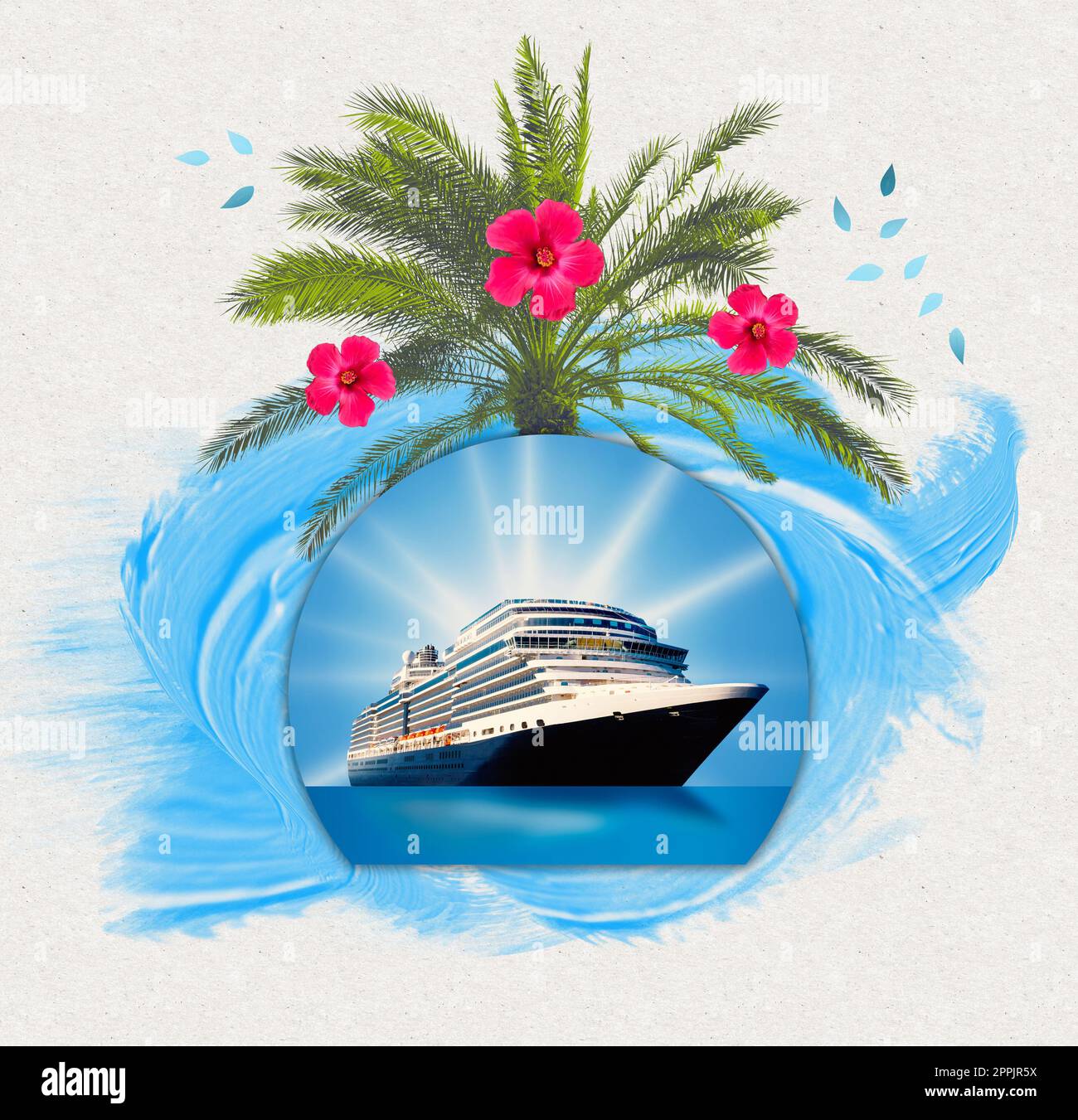 Abstract cruise ships or big liners in open water with tropic palm ...