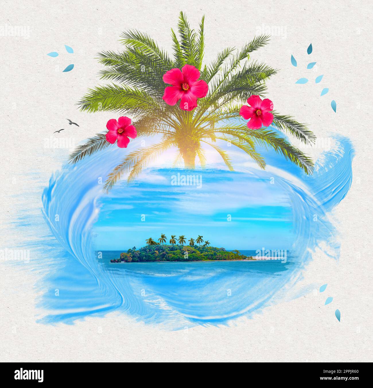 Tropical beach lagoon with palm trees. Small island and tropical frame ...