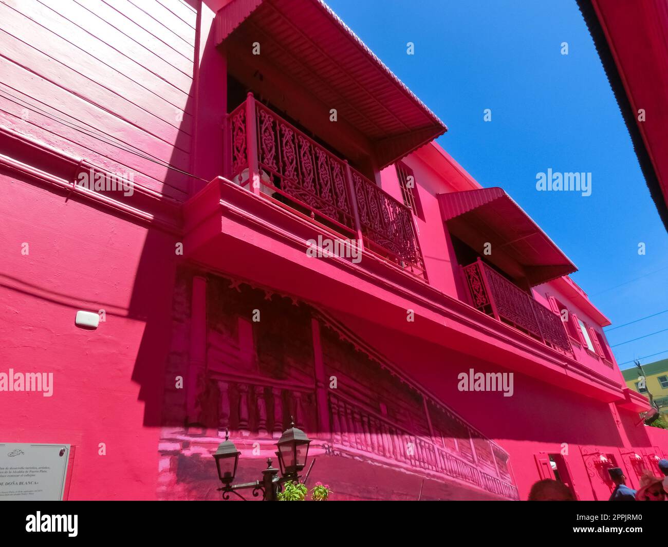 Pink street with green plants, windows, street lams, decorative ...