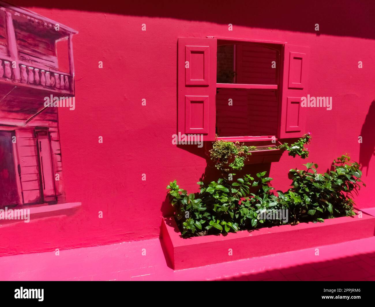 Pink street with green plants, windows, street lams, decorative ...