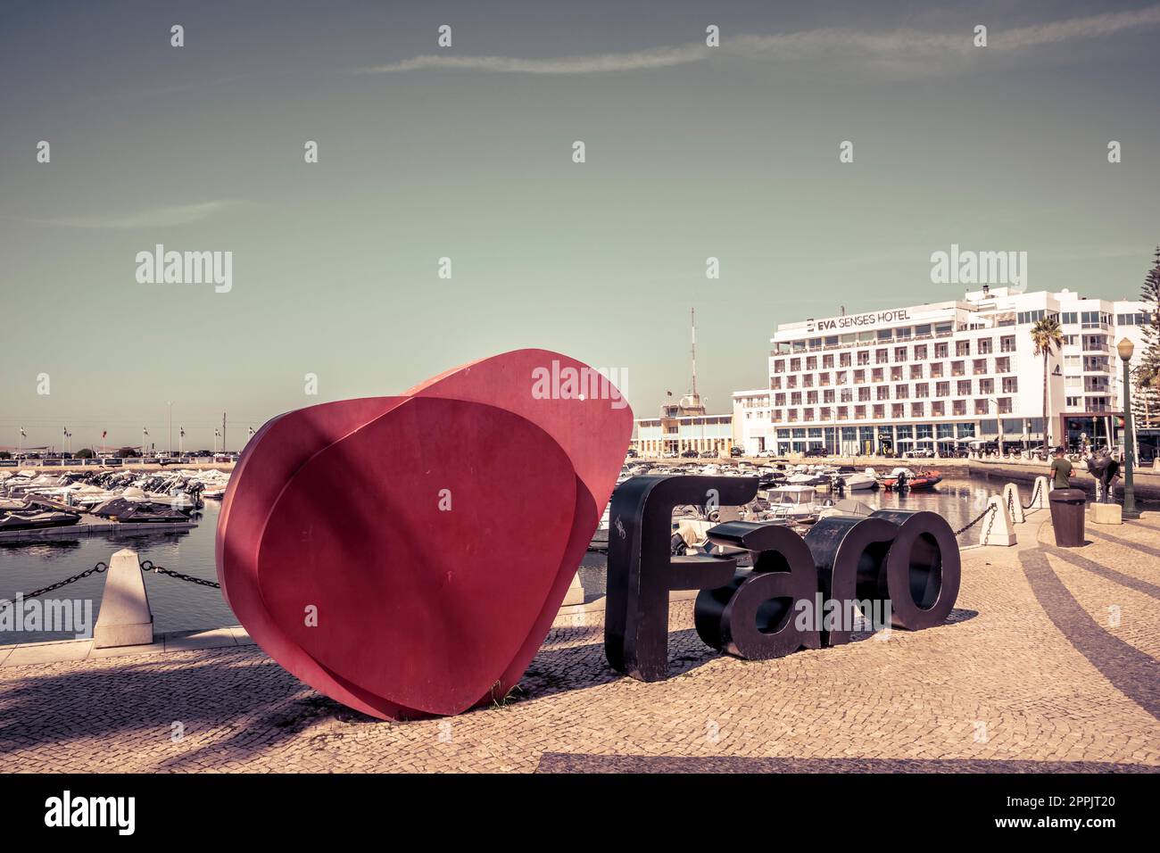 View on the I love Faro sign and Eva Senses Hotel in the marina of Faro ...
