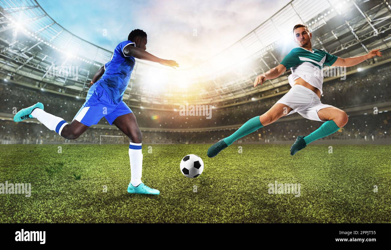 Close up of a football action scene with competing soccer players at ...