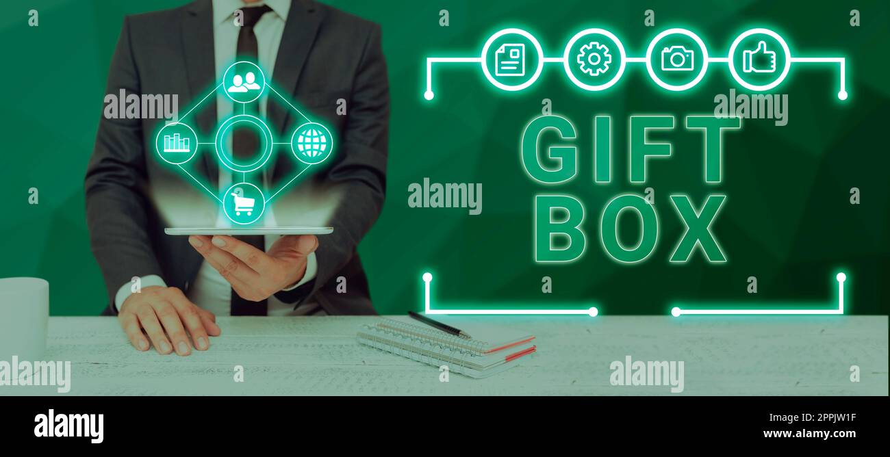 Text caption presenting Gift Box. Business idea A small cointainer with ...