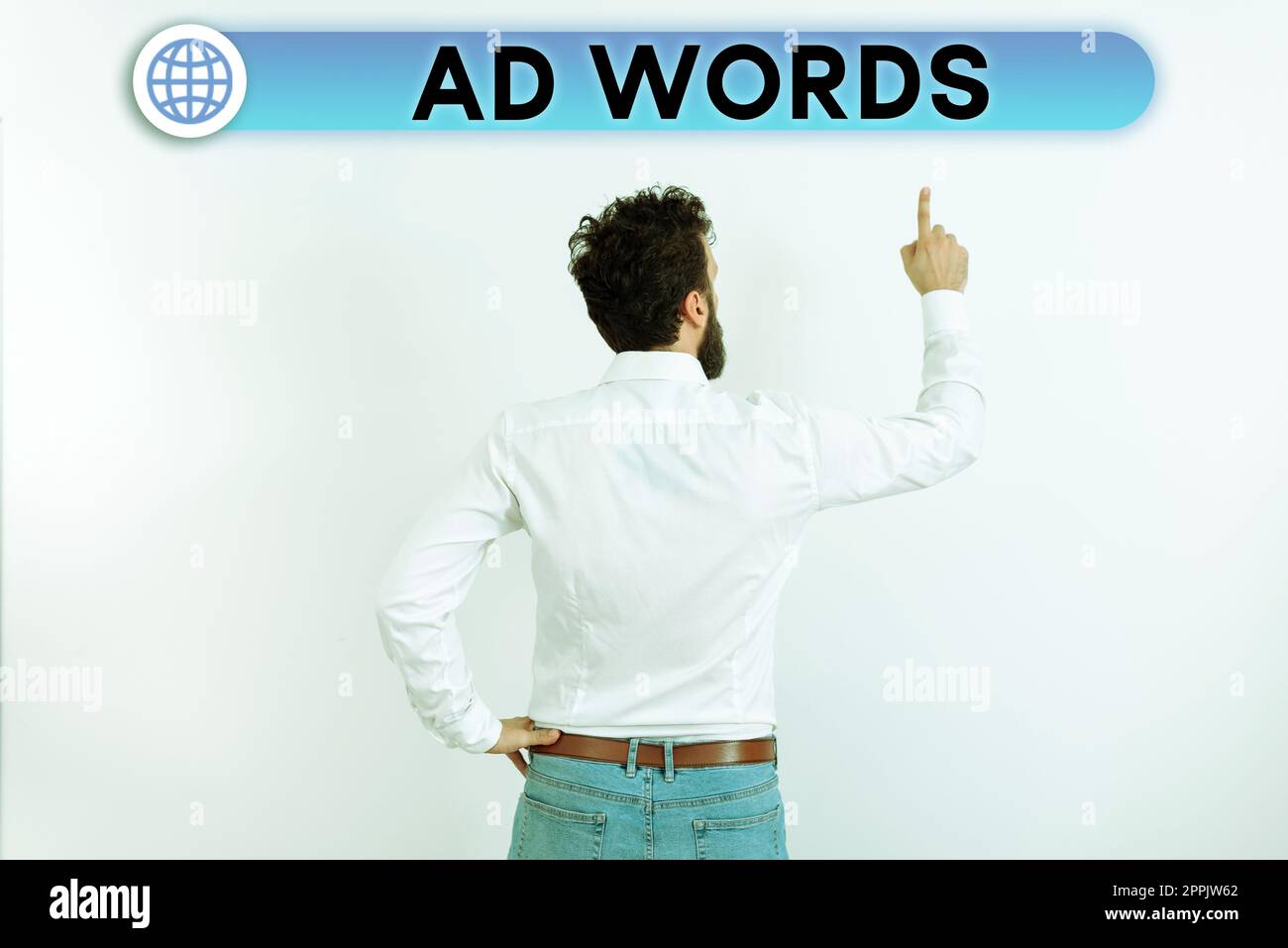 Hand writing sign Ad Words. Business idea oversee and control the ...