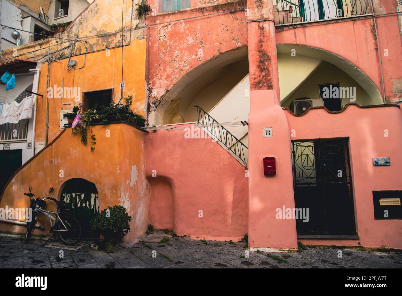 Colorful houses and tiny narrow streets on Procida Island, Italy Stock ...