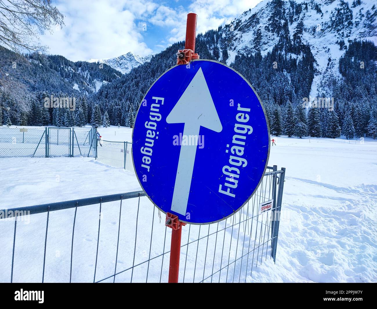 Sign showing path for pedestrians only in the snowy mountains Stock ...