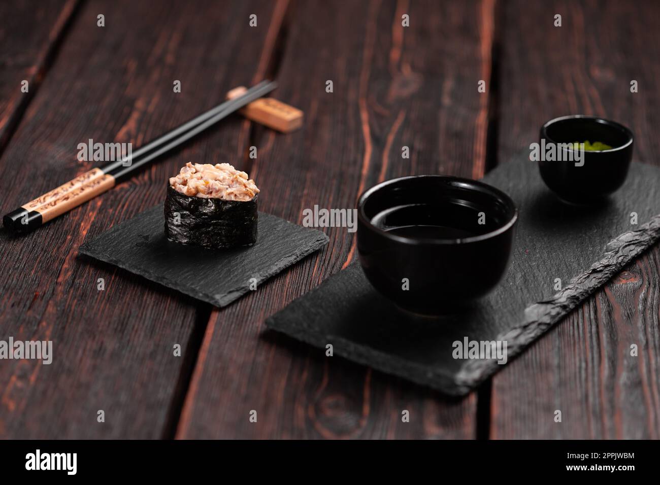 Gunkan Maki Sushi of fish salmon, scallop, perch, eel, shrimp and ...