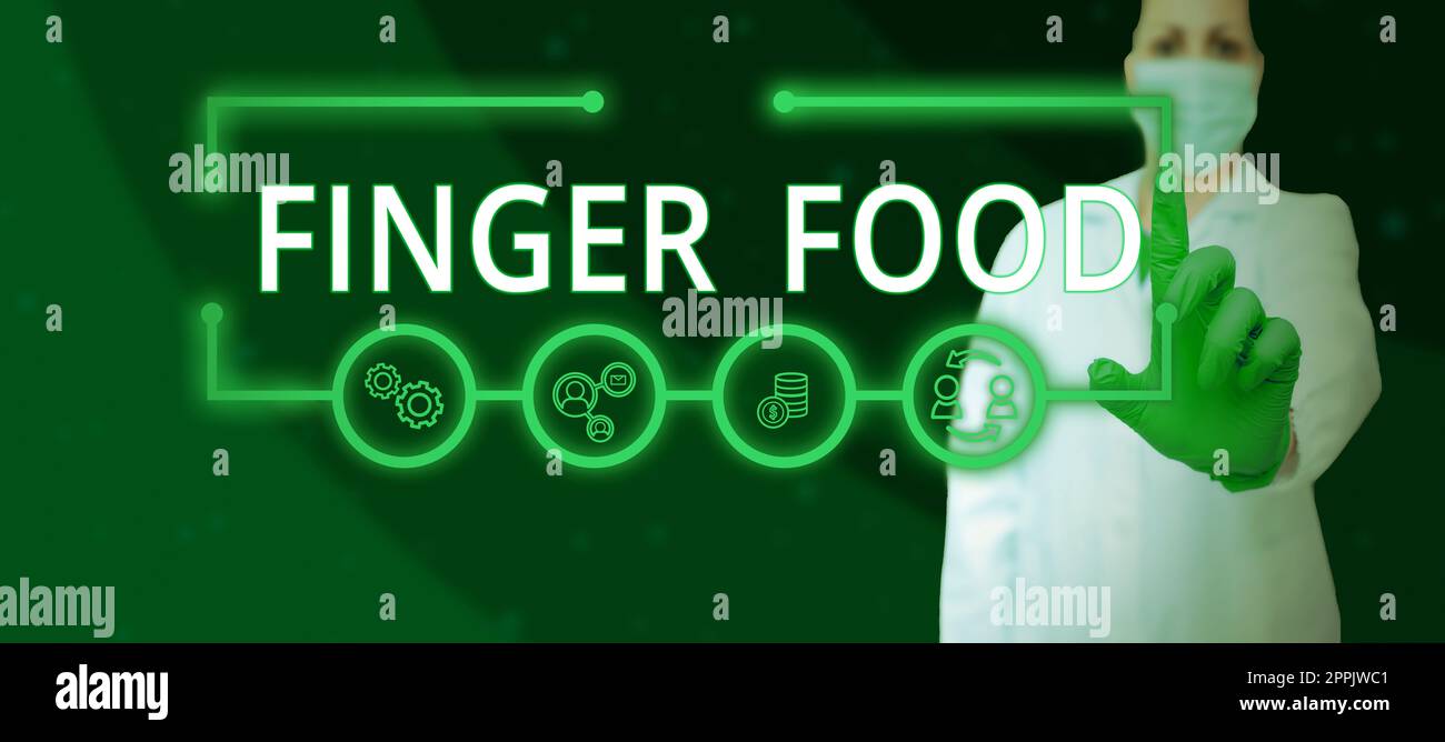 Text caption presenting Finger Food. Word Written on products and ...