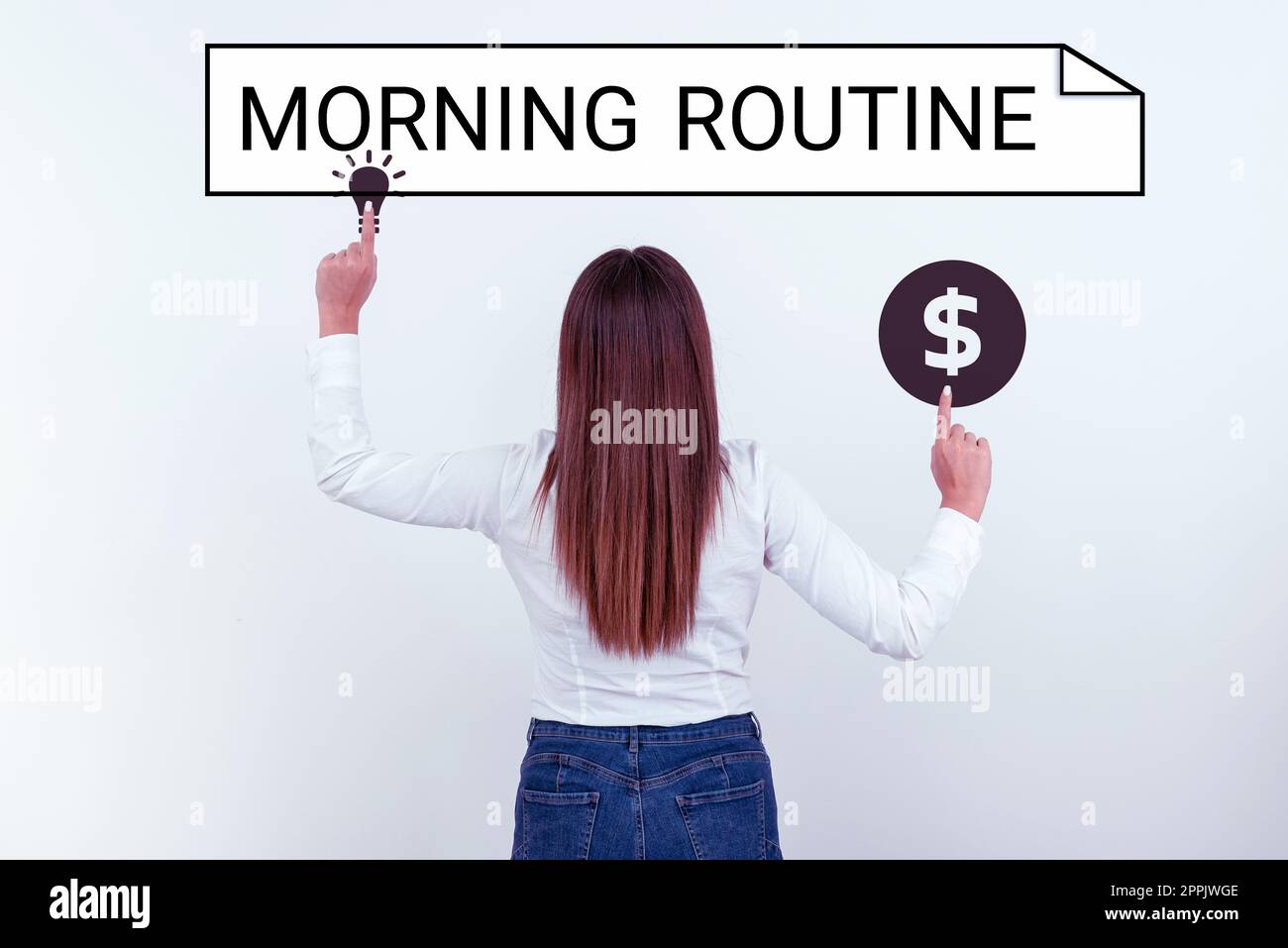 Hand writing sign Morning Routine. Word for initiation of consumer ...