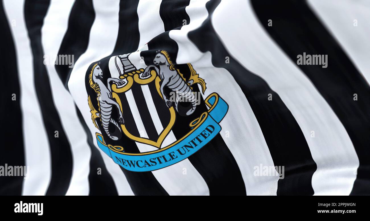 Fabric background with the Newcastle United Flag waving Stock Photo - Alamy