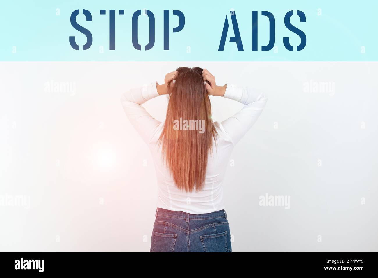 Text sign showing Stop Ads. Business overview program that will remove ...