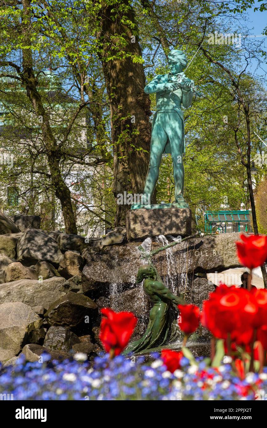 Ole Bul Fountain with violin player and harp player statue or sculpture ...