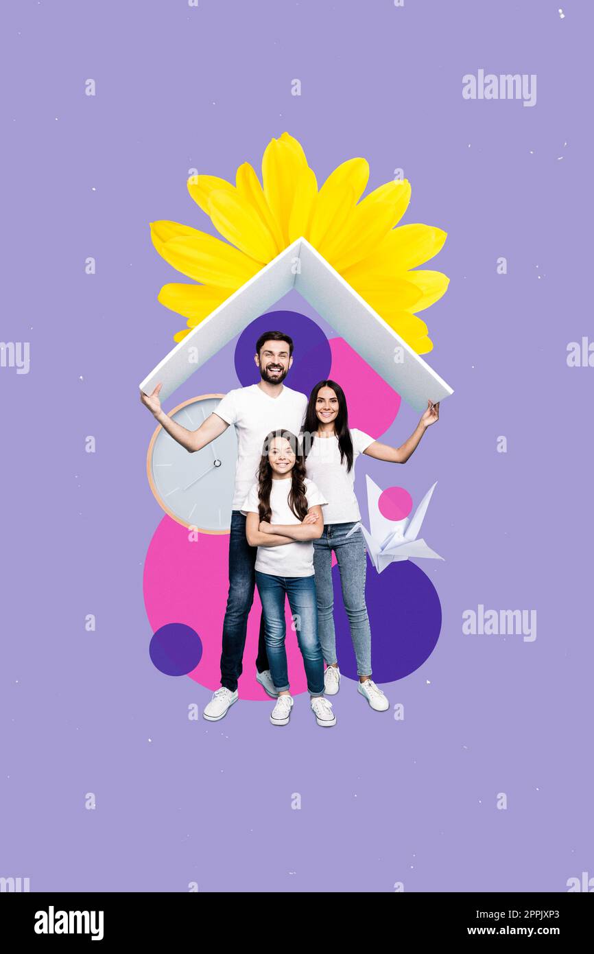 Vertical purple color 3d collage artwork of positive family together ...