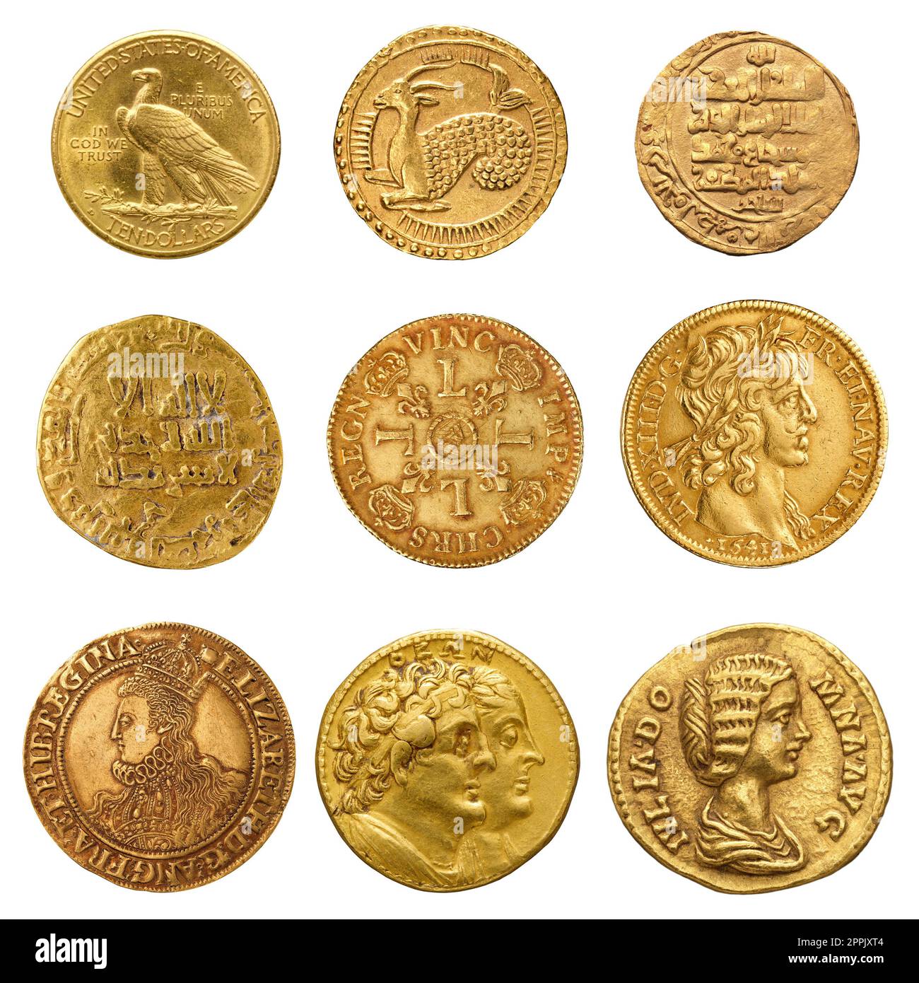 Old ancient gold coin collection from different countries and time periods isolated Stock Photo ...