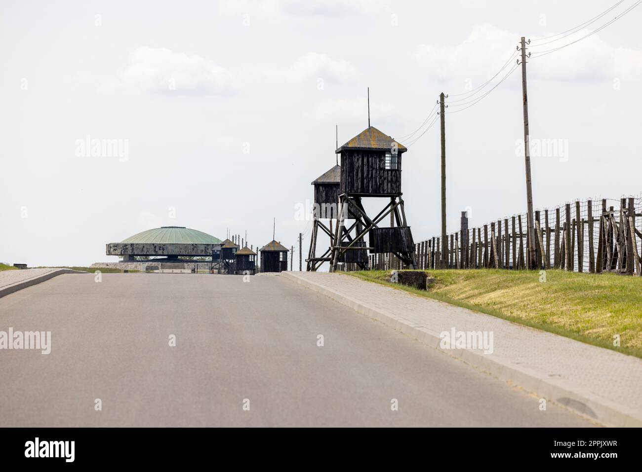 Majdanek concentration and extermination camp, view of wooden guard ...